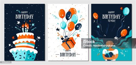 여자 선물 풍선 색종이 케이크 및 양초가있는 엽서 세트 홀리데이 파티 휴가 생일 축하합니다 카드 포스터 전단지 배너 및 기타를위한 벡터 템플릿 생일에 대한 스톡 벡터 아트
