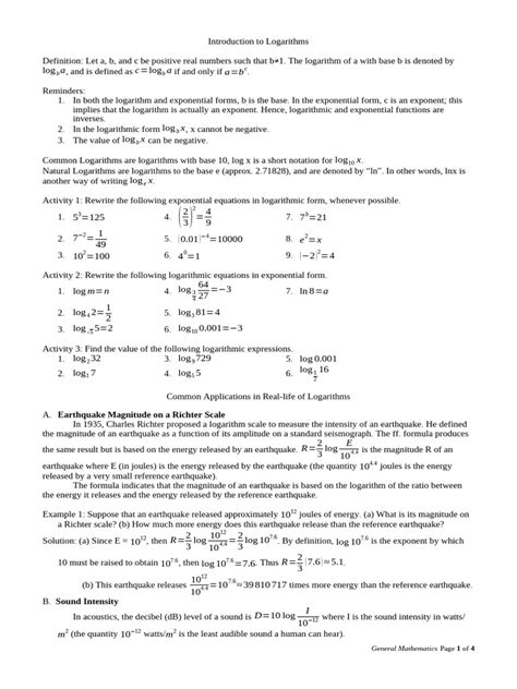 Lesson 17 Logarithmic Functions 1 Pdf Logarithm Exponential