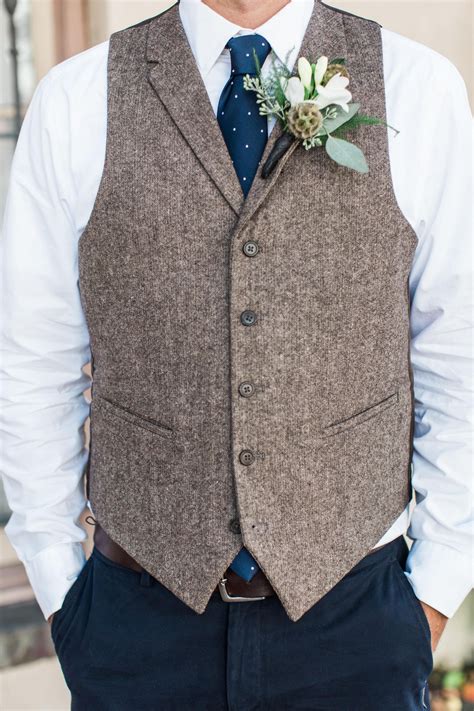 Groom Fashion Brown Tweed Vest Navy Blue Polka Dotted Tie Laid Back Yet Dapper Scabiosa Pod