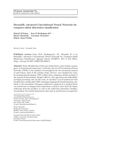 Pdf Dermadl Advanced Convolutional Neural Networks For Computer Aided Skin Lesion Classification