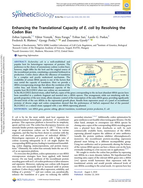Pdf Enhancing The Translational Capacity Of E Coli By Resolving The Codon Bias