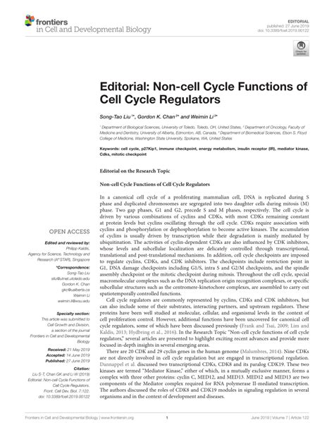 Pdf Editorial Non Cell Cycle Functions Of Cell Cycle Regulators