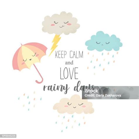 귀여운 손으로 그린 우산 구름과 글자 벡터 그림은 조용하고 흰색 배경에 고립 된 비오는 날을 사랑 유지합니다 프린트 패브릭 카드 포스터 용 디자인 비에 대한 스톡 벡터 아트