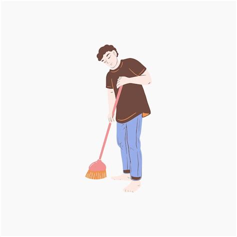 바닥을 청소하는 소년 일러스트 프리미엄 벡터