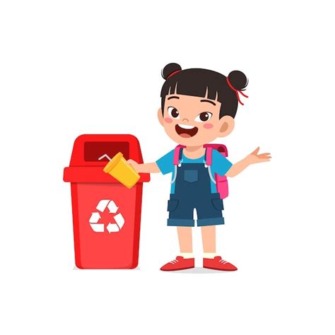 작은 아이는 쓰레기통에 쓰레기를 던졌습니다 프리미엄 벡터