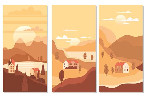 풍경 시골 교외 전통적인 건물 언덕과 나무는 트렌디 한 최소한의 기하학적 플랫 스타일에 바다 태양을 산 벡터 분리 된 수직 소셜