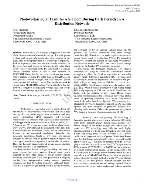 Pdf Photovoltaic Solar Plant As A Statcom During Dark Periods In A Distribution Network