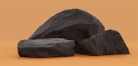 복사 공간 3d 렌더링이 있는 제품 디스플레이를 위한 노란색 배경의 격리된 어두운 바위 돌 건축자재에 대한 스톡 사진 및 기타 이미지 돌 건축자재 돌 바위 블록