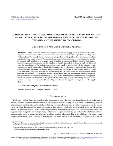 Pdf A Single Manufacturer Multi Retailer Integrated Inventory Model For Items With Imperfect
