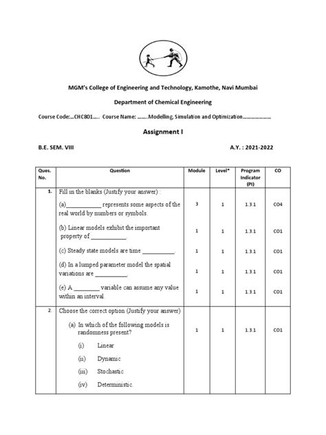 Assignment I Modelling Simulation And Optimization Be Chemical Engg Sem Viii Ay 2021 22
