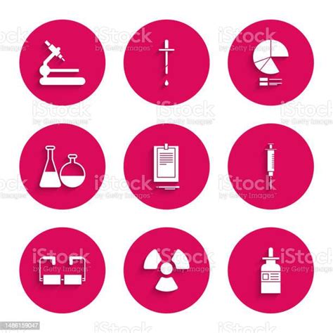 문서 방사성 유리병 피펫 주사기 안경 시험관 및 플라스크 화학 실험실 파이 차트 인포그래픽 및 현미경 아이콘으로 클립보드를