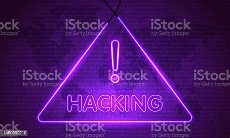 Neon Word Hacking Symbol On Map Dark Purple Background Security Protection Malware Hack Attack
