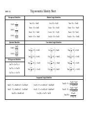 Identity Formula Sheet 2018 1 Pdf Trigonometric Identity Sheet MHF 4U1 Reciprocal Identities
