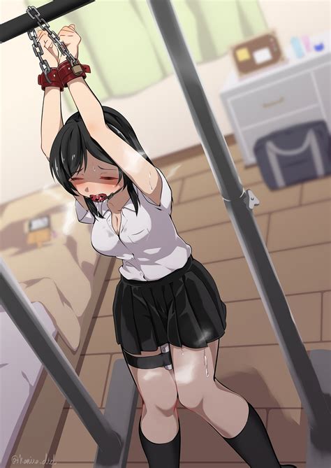 Rule 34 1girls Arms Above Head Ball Gag Black Hair Black Skirt Blush