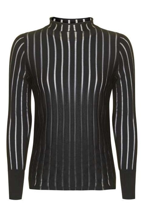 Sheer Stripe Funnel Neck Long Sleeve Tops Long Sleeve Striped Top