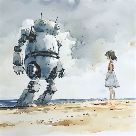 꿈같은 수채화로 해변에 있는 소녀와 로봇이 그려져 있으며 배경은 하얗고 세부 사항이 적으며 스튜디오 지브리의 영감을 받았습니다