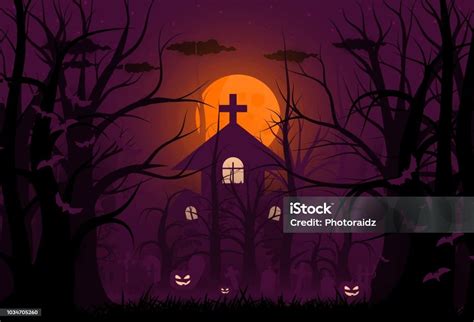 해피 할로윈 배경 고 무서운 나무 묘지 보름달 어두운 밤 및 삭제 표시 검은 박쥐에 호박 교회 묘지에 벡터 조명 0명에 대한 스톡 벡터 아트 및 기타 이미지 Istock