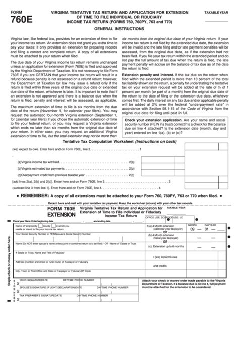 Form 760e Virginia Tentative Tax Return And Application For Extension