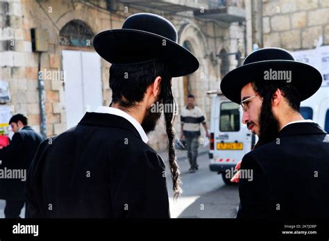 Haredi Jewish Men Socializing In The Geula Ultra Orthodox Neighborhood