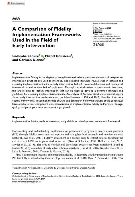 Pdf A Comparison Of Fidelity Implementation Frameworks Used In The Field Of Early Interventio