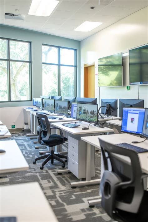 Modern Well Lit Computer Lab With Multiple Workstations Stock Photo Image Of Posters