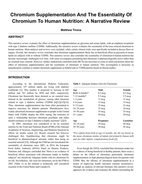Pdf Chromium Supplementation And The Essentiality Of Chromium To Human Nutrition A Narrative
