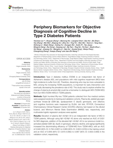Pdf Periphery Biomarkers For Objective Diagnosis Of Cognitive Decline In Type 2 Diabetes Patients