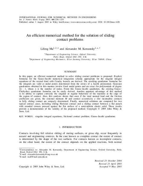Pdf An Efficient Numerical Method For The Solution Of Sliding Contact Problems