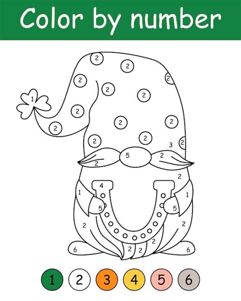 아이들을 위한 숫자 게임으로 색칠하기 금색 말발굽이 있는 귀여운 그놈 성 패트릭의 날 색칠하기 책 학교 및 유치원 학습 숫자 활동을 위한 솔루션이 포함된 인쇄 가능한