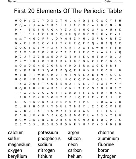 Periodic Table 1st 20 Elements Word Search WordMint