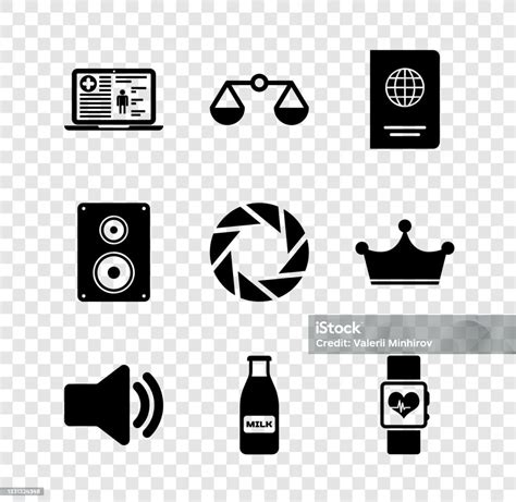 의료 임상 기록 정의의 척도 여권 스피커 볼륨 유리 병 우유와 모자와 스마트 시계 심장 박동 속도 아이콘을 설정합니다 벡터 건강 진단에 대한 스톡 벡터 아트 및 기타 이미지