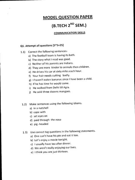 Uploads Question Bank Btech 2sem Model Question Paper Communication Skills Pdf