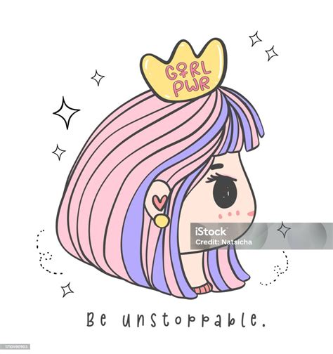 귀여운 장난기 많은 소녀는 소녀 파워 왕관 페미니스트 만화 캐릭터 일러스트레이션으로 힘을 실어줍니다 자신감 넘치는 젊은 여성의 다채로운 낙서 그림 권한 부여 예술 귀여운에