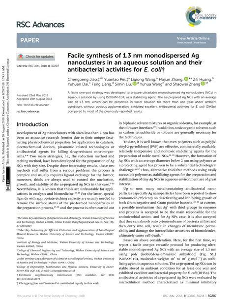 Pdf Facile Synthesis Of 13 Nm Monodispersed Ag Nanoclusters In An