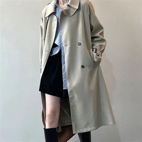 여성용 트렌치 롱 오버코트 루즈 드레이프 영국 스타일 아우터 더블 브레스트 바람막이 재킷 80697 봄 2023 신상