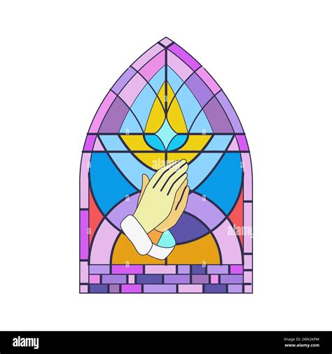 Stained Glass Arch Window Of Church Mosaic Art With Hands Folded In