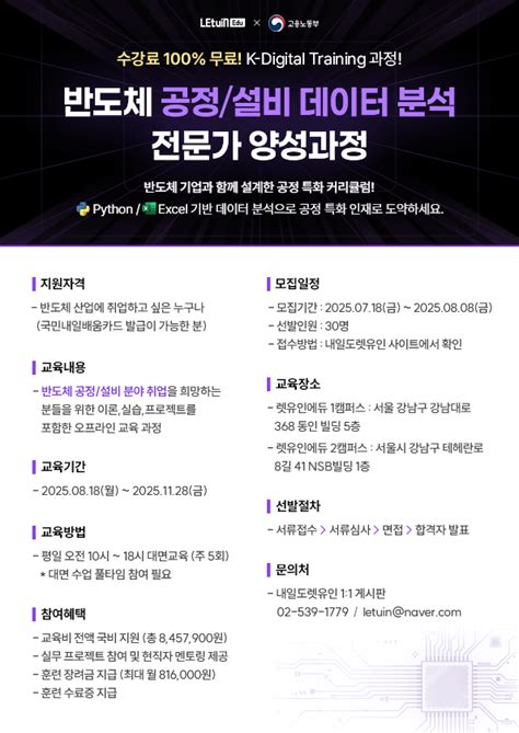 K Digital Training 렛유인에듀x고용노동부 반도체 공정설비 데이터 분석 전문가 양성 과정 모집 요즘것들