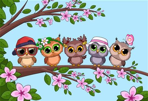 جغد روی درخت جغدهای کارتونی ناز روی شاخه چوبی با برگ نشسته اند پرندگان