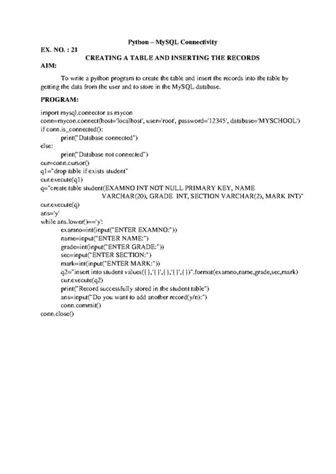 Ip Mysql Python Ex No 21 Structured Query Language Create A