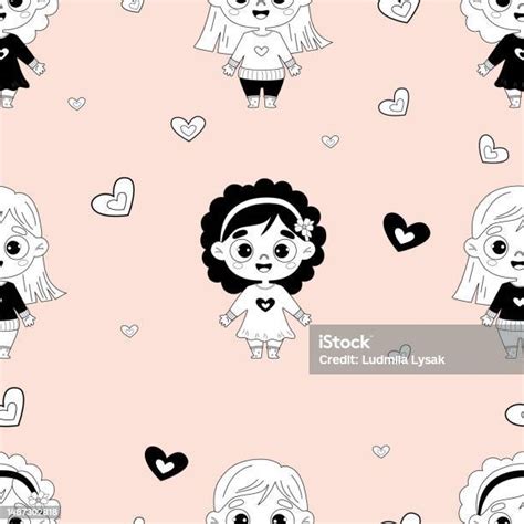 귀여운 아이들과 원활한 패턴 하트가 있는 밝은 분홍색 배경에 재미있는 행복한 소녀들 벡터 그림입니다 손으로 낙서를 그립니다 어린이 컬렉션 귀여운에 대한 스톡 벡터 아트 및