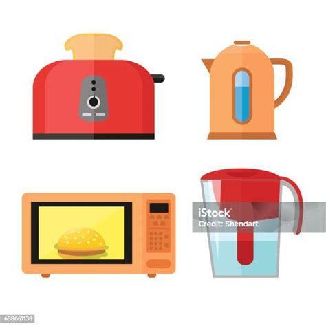 부엌 장비 세트 플랫 스타일 아침 식사 요리에서 흰색 배경에 고립 토스터 뜨거운 토스트 전기 주전자 전자 레인지 물 필터 가정 주방에 대한 스톡 벡터 아트 및 기타 이미지