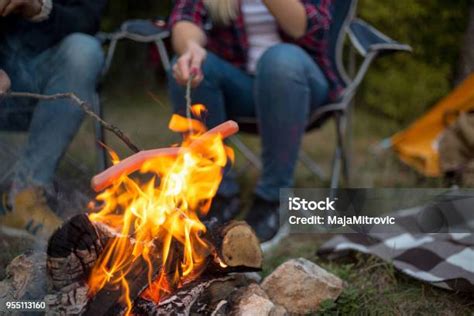 아름 다운 커플 앉아 캠프 파이어 주위에 캠핑 텐트와 배경에 남자 막대기로 화재 제스처 건강한 생활방식에 대한 스톡 사진 및 기타 이미지 Istock