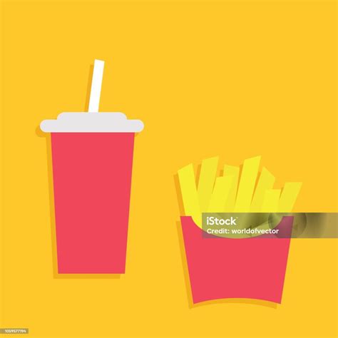 프랑스에는 종이 포장지 상자 아이콘에서 감자 감자 튀김 짚으로 소 다 음료 유리입니다 튀긴 감자 패스트 푸드 메뉴입니다 평면 디자인입니다 노란색 배경입니다 격리 0명에 대한