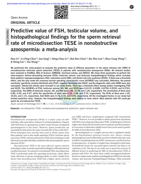 Pdf Predictive Value Of Fsh Testicular Volume And Histopathological Findings For The Sperm