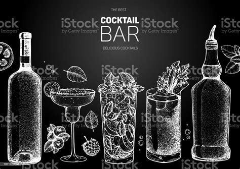 알코올 칵테일 손으로 그린 벡터 일러스트레이션 칵테일 스케치 세트 각인 된 스타일 안경과 병에 알코올 음료 Gin Tonic에