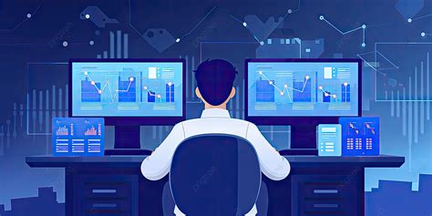 A Data Analyst Sitting At His Desk With Multiple Monitors Displaying