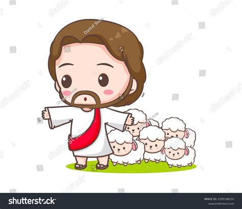 예수 그리스도는 양 만화 캐릭터를 보호한다 스톡 벡터로열티 프리 2195198155 Shutterstock
