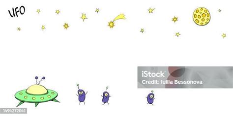 귀여운 만화 포스터 외계인 침공 Ufo 첫 접촉을 주제로 한 배경 플랫 낙서 스타일로 그려진 재미있는 그림 가공의 인물에 대한 스톡 벡터 아트 및 기타 이미지 Istock