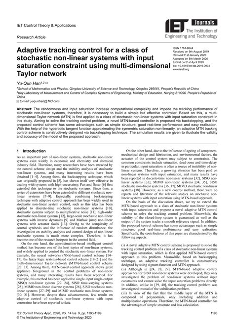 Pdf Adaptive Tracking Control For A Class Of Stochastic Nonlinear Systems With Input