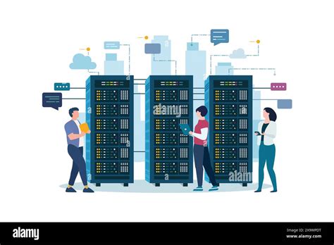 Technician Works In Server Room Racks Cloud System Concept Data Center Data Storage Cloud